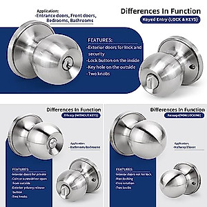 LOQRON Ball Door Knob Entry Function Door Knob, Keyed Entry Door Knob with Lock, Round Ball Handle for Front Door Right and Left Side, Satin Nickel,1Pack