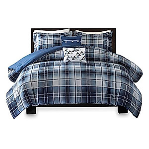 Intelligent Design Camilo Cozy Comforter Casual Cabin Lodge Plaid Design, All Season, Hypoallergenic Cover, Soft Bedding Set with Matching Sham, Decorative Pillow, Blue Full/Queen