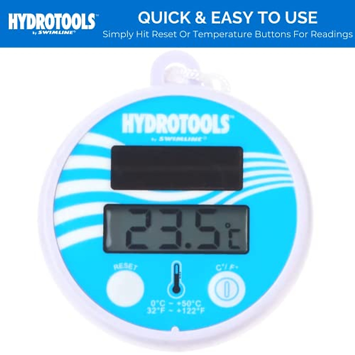 SWIMLINE HYDROTOOLS Solar Powered Digital LCD Thermometer Large Floating Easy Read For Water Temperature Shatter Resistant With String For Outdoor And Indoor Swimming Pools Spas Ponds Bathtubs