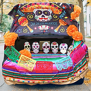 Buryeah 23 Pcs Halloween Day of The Dead Trunk or Treat Car Decorations Kit Dia De Los Muertos Themed Car Decor Mexican Serape Marigold Flower Heads Cutouts Background for Car Trunk