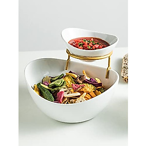 Miamolo Porcelain Serving Bowl Set for Appetizer Serving Dishes Set with 2 Compartment, Chip and Dip Taco Rack Display Salad Bar Serving Set, Gold Stand