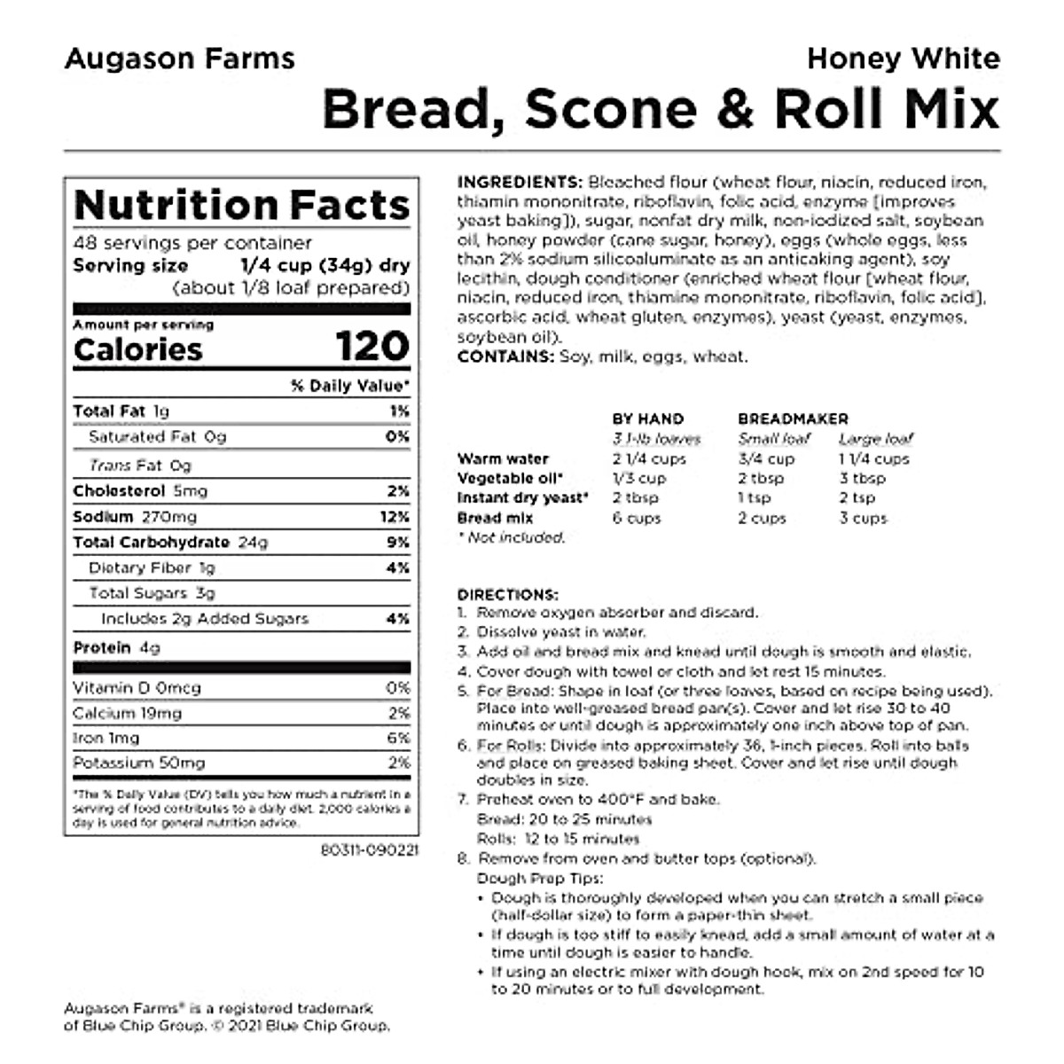 Augason Farms Honey White Bread Scone & Roll Mix Emergency Food Storage #10 Can