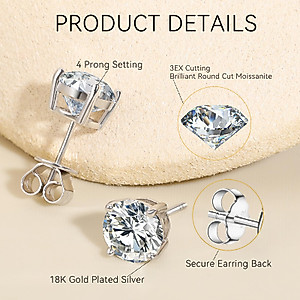 Moissanite Stud Earrings, 0.2CT-8.0CT a Pair Hypoallergenic Earrings D Color VVS1 Clarity Brilliant Round Cut Lab Created Moissanite Diamond Earrings 18K White Yellow Gold Plated S925 Sterling Silver