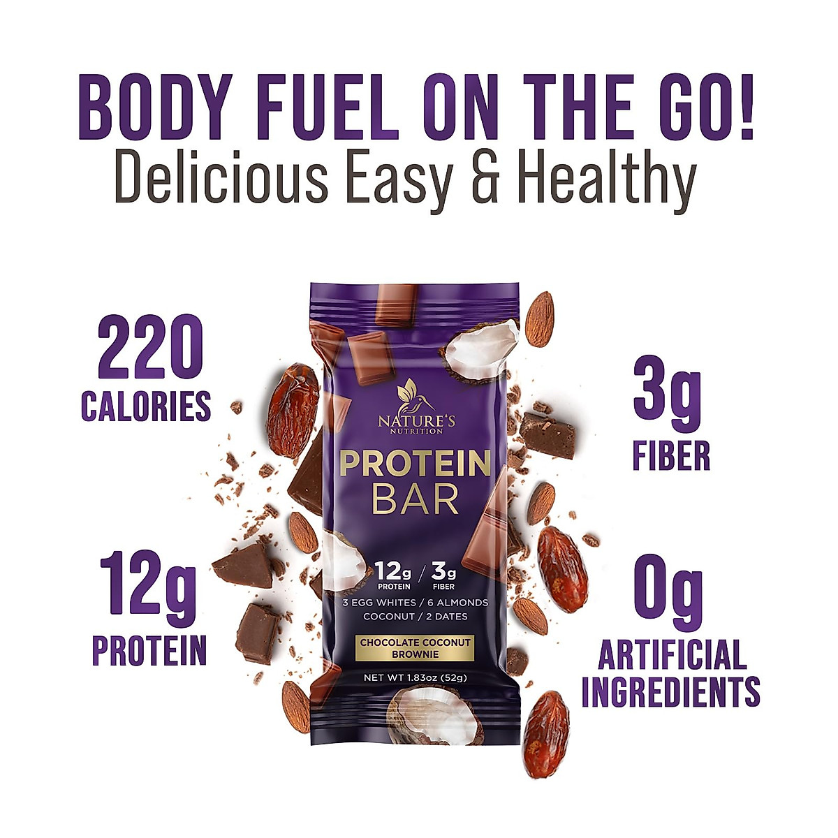 Chocolate Brownie Protein Bars - High Protein Snacks to Support Energy & Replace Meals - Snack Size Chocolate Coconut Bars by Natures Nutrition - 1.83 oz (Pack of 12)