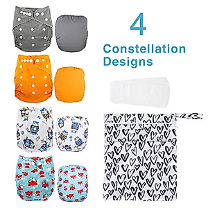Newborn Cloth Diaper Reusable Adjustable Washable One Size Baby Swim Diapers Baby Girls and Boys Pocket Cloth Diapers Covers Includes 4 Packs Diapers + 4 Incerts +One Wet Bag