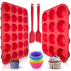 Muffin Pans Nonstick 12 Large and 24 Mini Cups Silicone with Cupcake Liners Brush Spatula Set Reusable Baking Molds for Toaster Oven (Red-12 Cups+24 Cups)