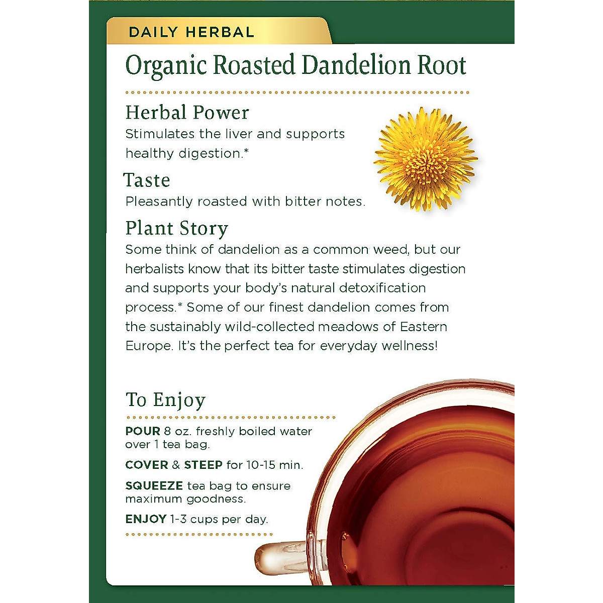 Traditional Medicinals Organic Roasted Dandelion Root Herbal Tea, Supports Healthy Digestion, (Pack of 1) - 16 Tea Bags