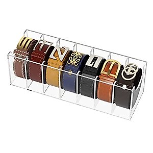 FEMELI Belt Organizer, Acrylic 7 Compartments Belt Container Storage Holder, Clear Belt Display Case for Closet Tie and Bow Tie