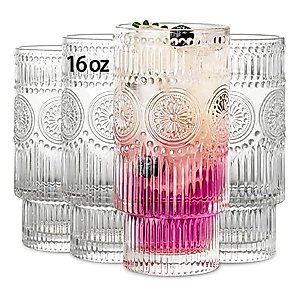 SoulTimes 4 Pack Large 16oz Ribbed Glassware Set, Flower Design Stackable Glass Cups, Vintage Textured Clear Striped Drinking Glasses Set, for Bar Beverages,Juice,Water,Cocktail,Iced Coffee