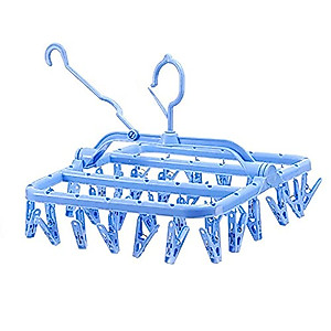 Radefasun Clip and Drip Hanger with 32 Clips Plastic Swivel Hook Portable Folding Drying Rack Baby Clothes Hanger Foldable Travel Accessories for Socks Bras Lingerie Towels Underwear Gloves Blue
