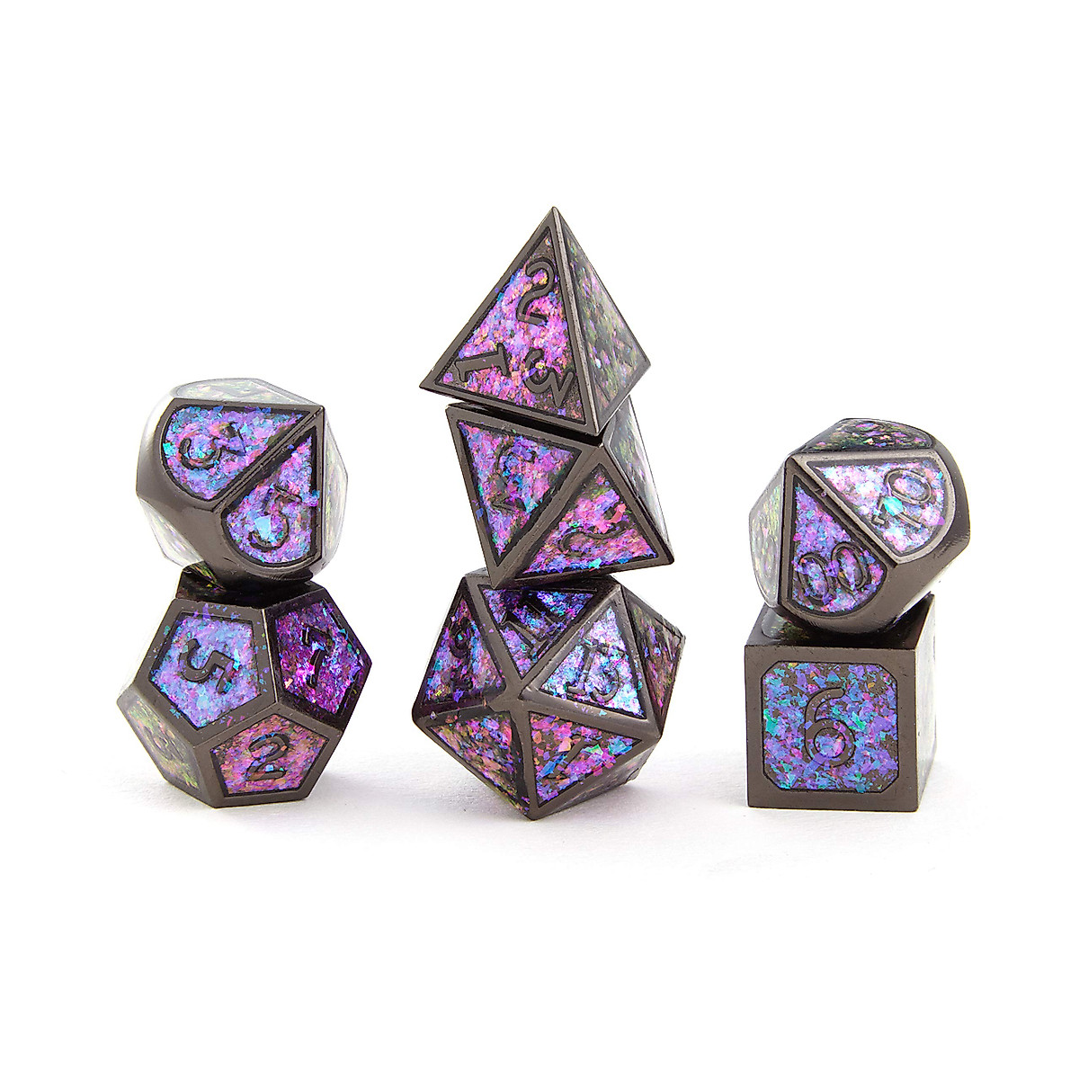 DND Polyhedral Metal Game Dice Glitter Purple and Pink with Black Numbers 7pc Set for Dungeons and Dragons RPG MTG Table Games D&D Pathfinder Shadowrun and Math Teaching