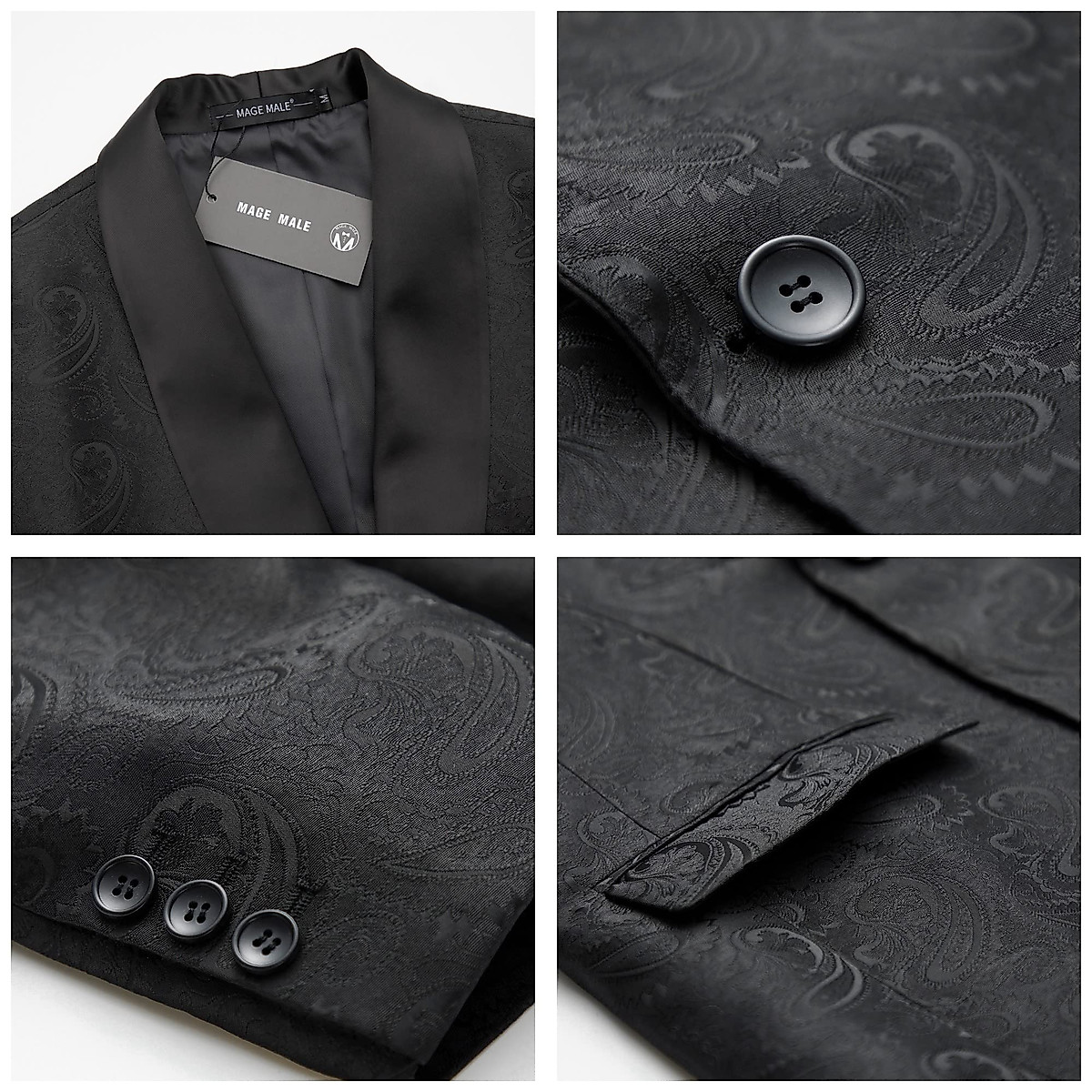 MAGE MALE Men's 2 Piece Floral Tuxedo Suit Paisley Shawl Lapel One Button Slim Fit Single Breasted Suit Jacket Pants Set Black