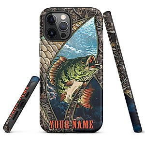Personalized Bass Fish Fishermen Phone Case Custom Name Bass Fishing Leather Pattern Cute Protective Cover Customized Compatible with iPhone 14 12 13 11 Promax Samsung s23 s22 s21 s20 s10 Ultra