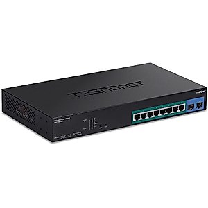TRENDnet 10-Port Gigabit Web Smart PoE+ Switch with 8 Gigabit PoE+ Ports, 2 SFP Slots, 130W PoE Budget, VLAN, QoS, LACP, IPv4/IPv6 Static Routing,Lifetime Protection, Black, TPE-1021WS