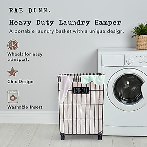 Rae Dunn Heavy Duty Laundry Hamper on Wheels - Black Metal Wire Basket with Liner - Portable Laundry Basket with Removable, Washable Cloth Liner - Laundry Room Accessories