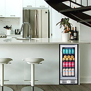 Kalamera Beverage Refrigerator Cooler, 100 Cans Mini Fridge with Glass Door Built-in or Freestanding, 15 inch Beverage Fridge with Seamless Stainless Steel Door for Beer Drinks or Soda