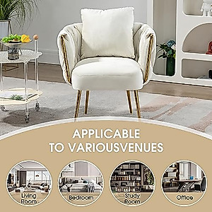 NIOIIKIT Modern Velvet Accent Chair, Hand Weaving Upholstered Armchair with Throw Pillow, Leisure Single Reading Sofa Chair with Gold Metal Legs for Living Room, Bedroom, Office (Beige)