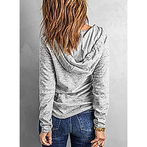 Dokotoo Womens Ladies Winter Fall Button Collar Solid Color Long Sleeve Knit Drawstring Hooded Tunic Sweatshirts Hoodies for Women Pullover Casual Fashion T-Shirts Tops with Kangaroo Pockets Grey L