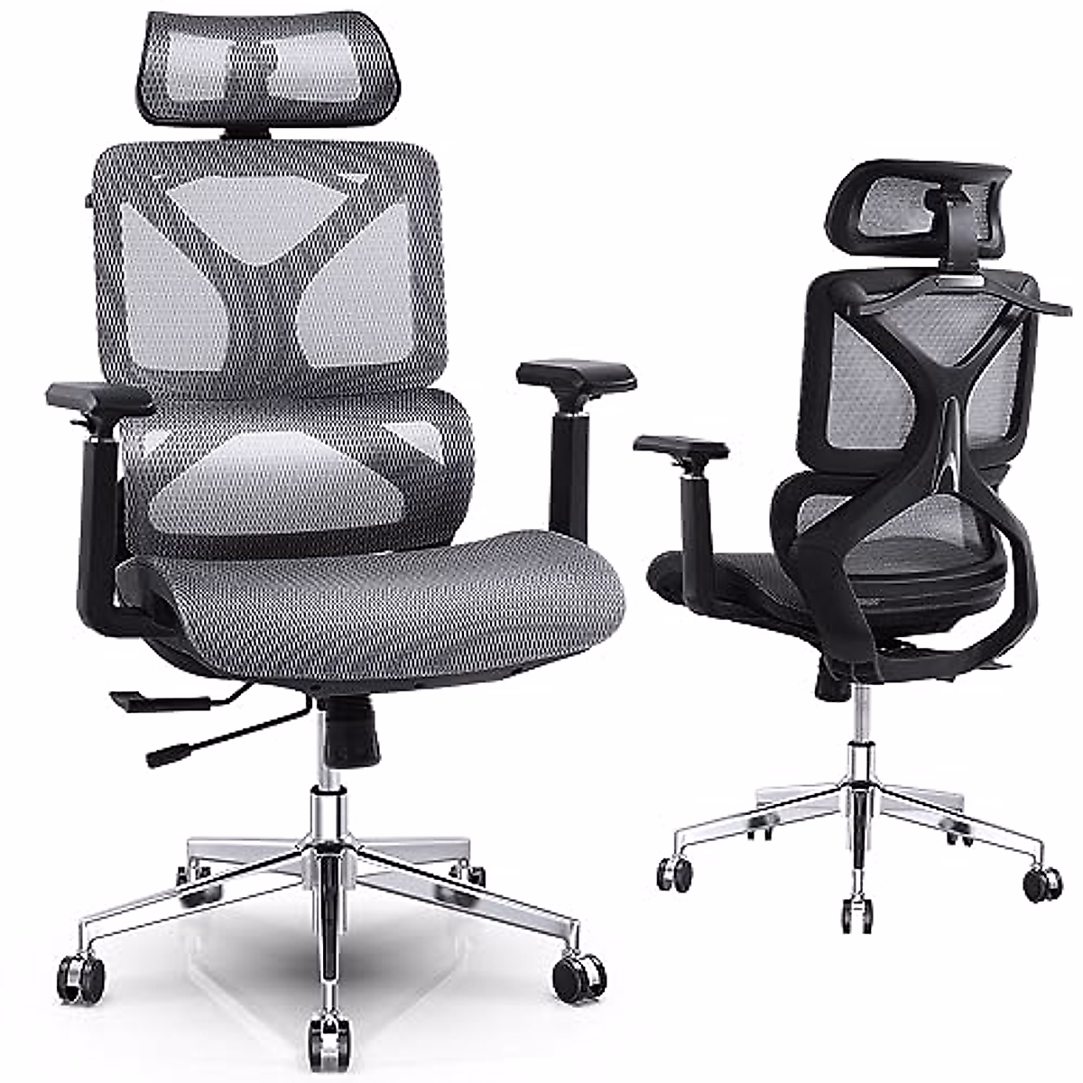 Memobarco Office Chair, Ergonomic Office Chair with Lumbar Support, Adjustable Seat Depth, Headrest, Armrests, Tilt Function, Mesh Executive Office Chairs for Home, Meeting, Conference, Hotel, Gray