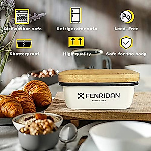 FENRIDAN Butter Dish with Lid, Unbreakable Metal Butter Container with a natural bamboo Lid and knife,Butter Keeper Holder,white