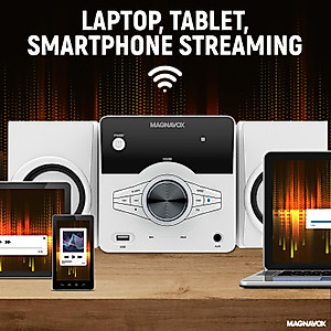 Magnavox MM442 3-Piece Top Loading CD Shelf System with Digital PLL FM Stereo Radio, Bluetooth Wireless Technology, and Remote Control in Black | Blue Lights | LED Display (White)