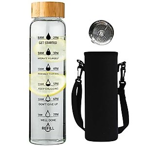 HOLABEAR 32oz Glass Motivational Daily Water Intake Bottle with Time Marker, Leakproof Bamboo Lid and Holder Sleeves, for Hot and Cold Drinks, Clear Reusable BPA Free