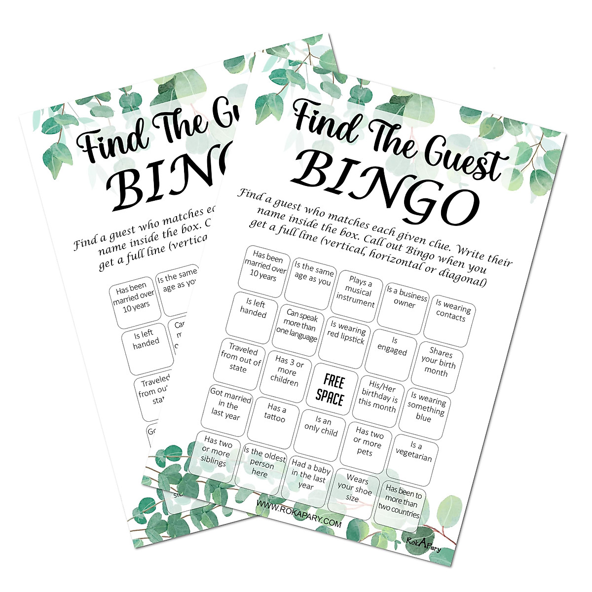 RokAPary Eucalyptus Theme Find The Guest Bingo Game, Wedding, Bridal Shower, Bachelorette or Engagement Party Game, Event Activities Play Pack of 50 Cards 5”x7” Made in USA