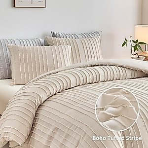 WARMDERN Khaki Boho Duvet Cover Set Queen Size, Striped Textured Tufted Bedding Set, 3 Piece Soft Washed Microfiber Duvet Cover with Zipper Closure (Khaki)