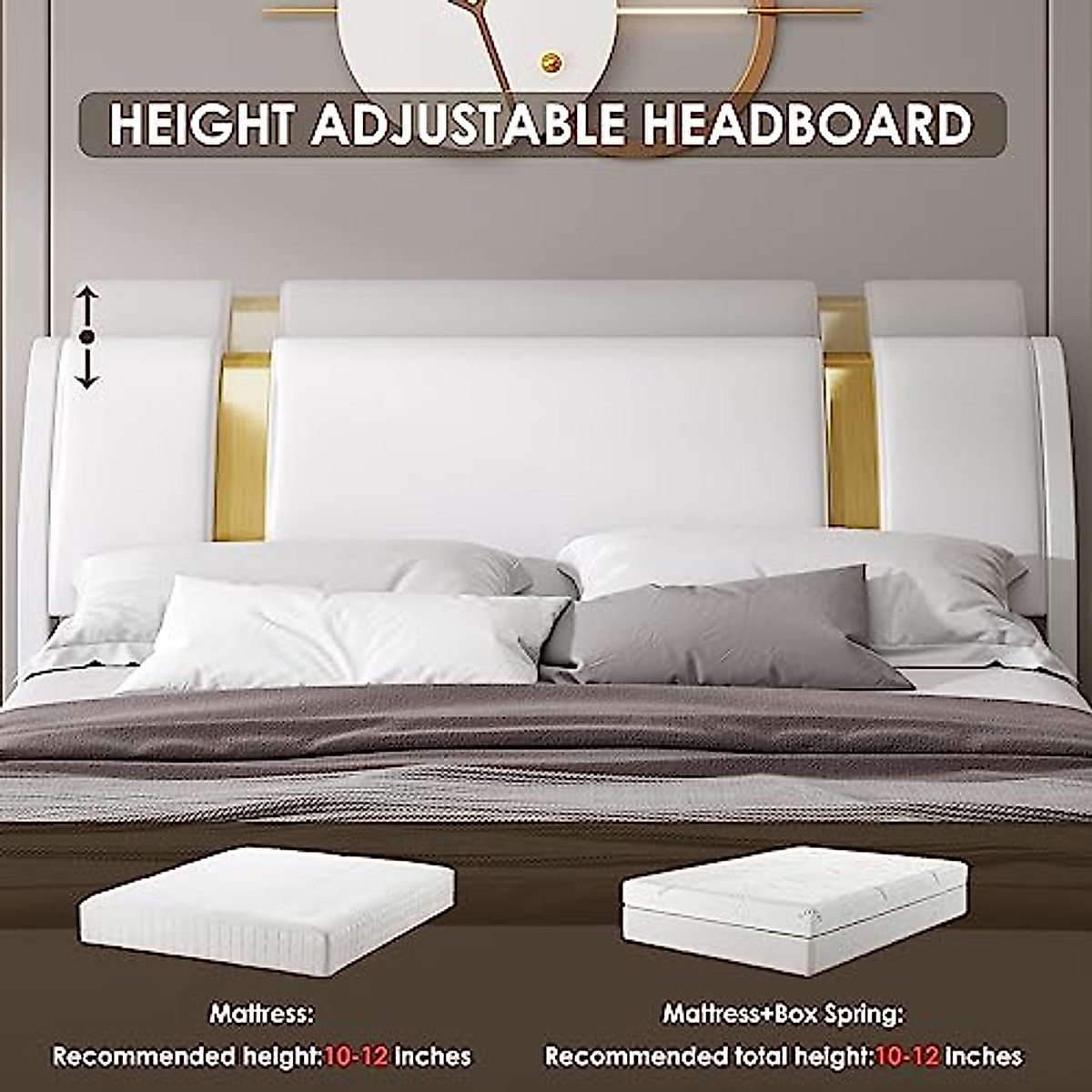 TTVIEW Modern Faux Leather Upholstered Platform Bed Frame with Golden Iron Metal Decor, Adjustable Curved Headboard, Wooden Slats Support, No Box Spring Needed, Queen Size, White