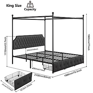 Keyluv King Upholstered Canopy Bed Frame with 3 Drawers and Button Tufted Headboard Metal Platform Bed with 4 Removable Posts Two-Purpose Velvet Bed No Box Spring Needed Dark Grey/Curtain Not Included