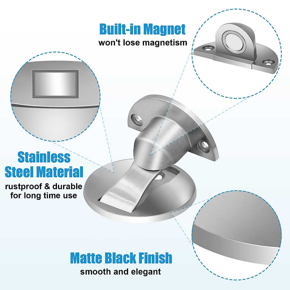 Magnetic Door Stopper, Invisible Magnetic Door Stop, Brushed Satin Nickel, No Need Drill with 3M Adhesive, Stainless Steel Floor Magnetic Door Catch Door Hold (Silver)