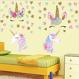 VISCAL 3 Sheets Unicorn Wall Decals Removable Wall Decor Vinyl Stickers Mural Home Decor Bedroom Nursery Birthday Party Christmas Gift for Girls Kids
