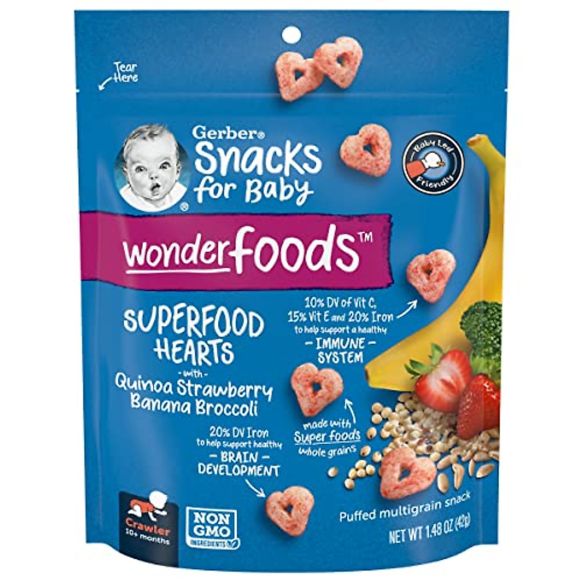 Gerber Snacks for Baby Wonder Foods Superfood Hearts Puffed Multigrain Snack, 2 Flavor Variety Pack, 1.48-Ounce Resealable Pouches (Pack of 4 Pouches)