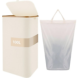 Laundry Basket with Lid - Laundry Hamper with Lid and Removable Bag, 100L Large Foldable Laundry Basket Dirty Clothes Hamper with Handles, Waterproof Oxford Bamboo Hamper for Bedroom, Laundry Room