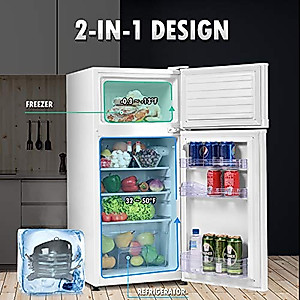 GOFLAME Compact Refrigerator, 3.4 cu. ft. Mini Cooler Fridge with Removable Glass Shelves, Adjustable Thermostat, Freestanding Fridge with Top Door Freezer for Dorm, Office, Apartment Use (White)