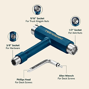 Retrospec Upkeep All-in-One Multi-Function Portable Skate Tool with 2-in-1 Allen Wrench & Phillips Head Screwdriver for Adjusting & Tightening Skateboard/Longboard Wheels, Trucks, and Kingpins, Navy