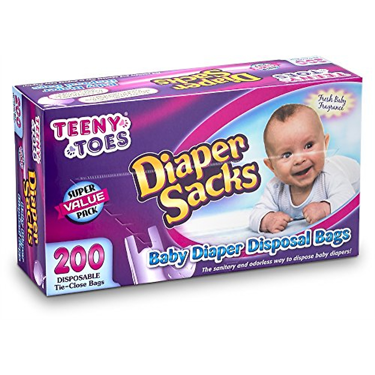 [200 Count] teeny Toes Fresh Fragrence Diaper Sacks - Waste Bag, With Tight Tie Close, Keeps The Bad Smell Away, Great For Walks, Home, Nursery, Or in cars, 1 pack