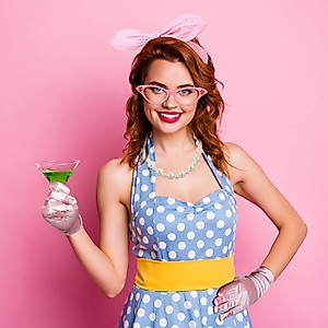 1950's Women Costume Accessories Polka Dot Hairband, Eyeglass, Faux Pearl Necklace, Stud Earring, Gloves (Pink and White)