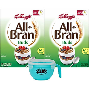 Kellogg's All-Bran Buds Cereal, 22 Ounce Box (Pack of 2) with By The Cup Cereal Bowl