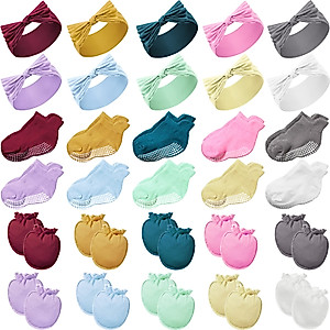 Geyoga 30 Pieces Baby Bow Knot Nylon Headband Newborn Baby Non Scratch Mittens Baby Non Slip Ankle Socks for New Born Baby