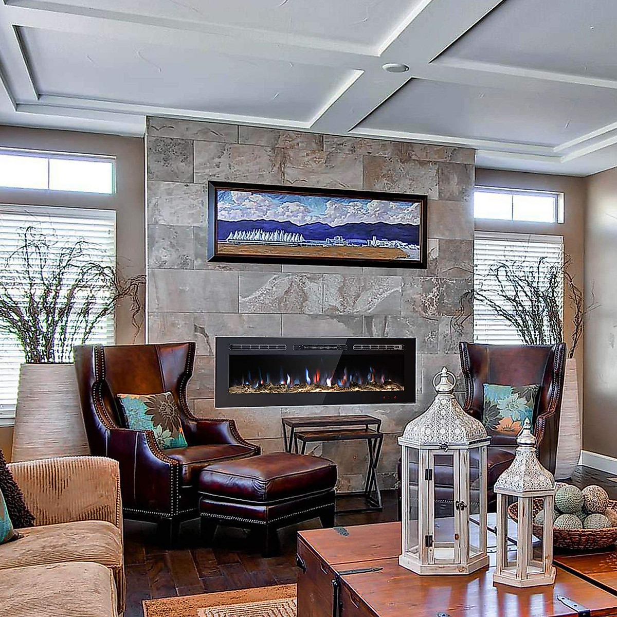 GMHome 80 Inches Wall Recessed Electric Fireplace Wall Mounted in-Wall Built Heater, Log Sets & Crystals, 9 Changeable Colors, with Remote, 1500W Fireplace, Black