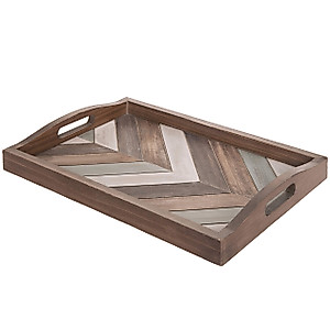 MyGift 16 Inch Rustic Brown Wood Serving Tray with Handles and Multicolored Chevron Design, Ottoman Decorative Tray
