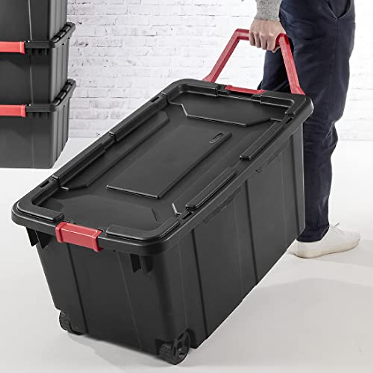 CLAYAT 40 Gal/151 Liter Wheeled Industrial Tote, Rolling Storage Bins for Basement/Garage/Attic Storage Tote Container Bin with Black Lid & Base w/Racer Red Handle & Latches, Set of 2