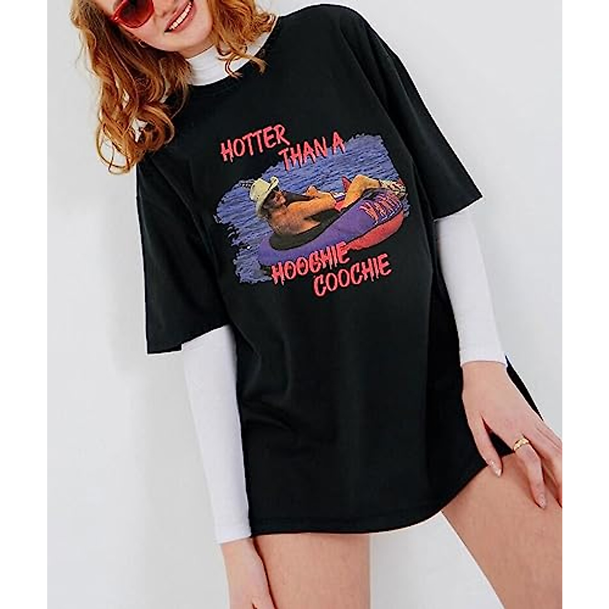 Hotter Than a Hoochie Coochie Oversized T Shirt Women Summer Beach Vacation Tops Vintage Graphic Country Music Tee (M, Black)