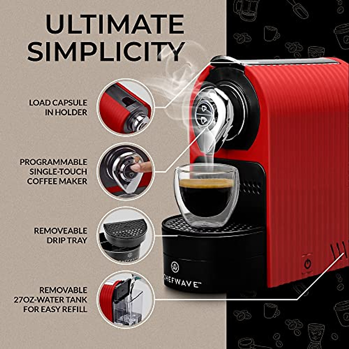 ChefWave Espresso Machine & Coffee Maker Compatible w/Nespresso Original Capsules (Red) - Programmable, One-Touch, Premium, Italian, 20 Bar High Pressure Pump with Pod Holder and Double-Wall Glasses