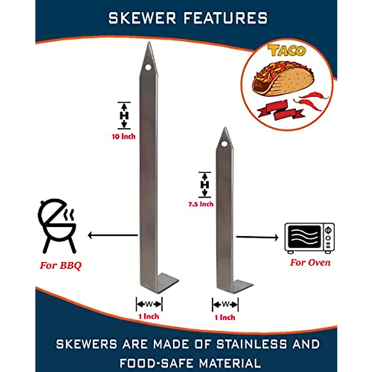 Al Pastor Skewer for Grill, 7.5'' and 10'' Skewers, 10"x10" and 1.40 depth Stainless Steel Base Plate,Vertical Skewer,Bbq Vertical Skewer,Trompo Para Tacos Al Pastor,Vertical Rotisserie,Vertical Spit