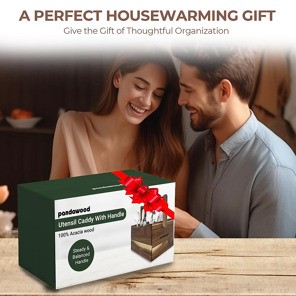 PANDAWOOD Acacia Wood Silverware Caddy - Outdoor Utensil Holder for Parties, Camping & Picnics