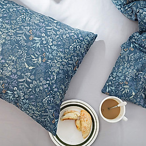 VM VOUGEMARKET Blue Floral Duvet Cover Cotton Botanical Plant Weeds Bedding Set Feminine Comforter Cover with Zipper-Full/Queen,Weeds