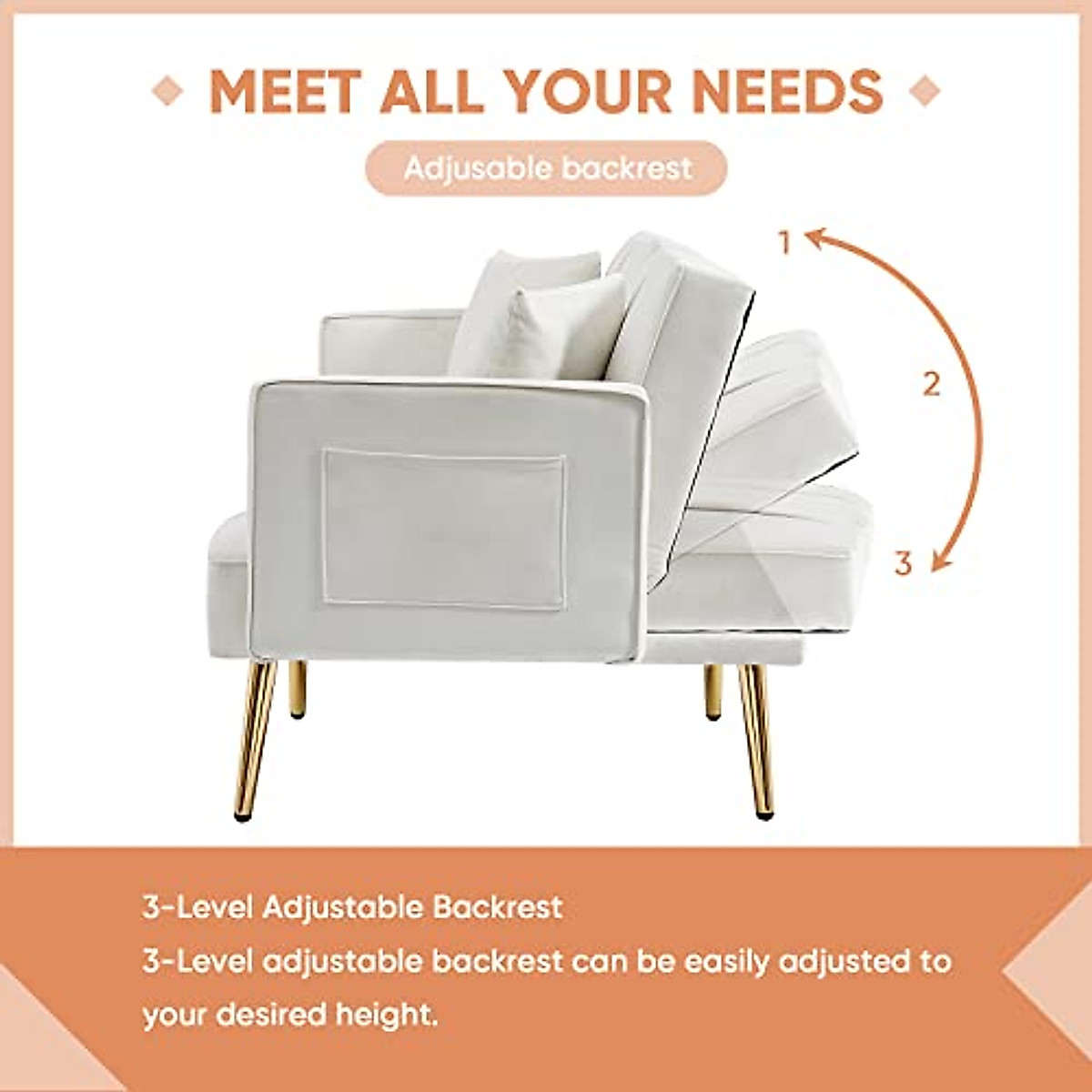 Antetek Convertible Futon Sofa Bed, 69-inch Modern Tufted Velvet Sleeper Sofa Couch Oversized Loveseat Sofa w/3 Adjustable Positions, 6 Metal Legs and Cup Holder for Living Room Bedroom Office, White