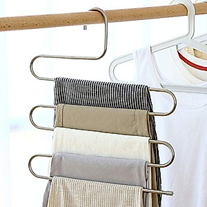 Gnc33Ouhen Pants Hangers,S Shaped Stainless Steel 5-Layer Wardrobe Anti-Slip Saving Space rousers Storage Rack.